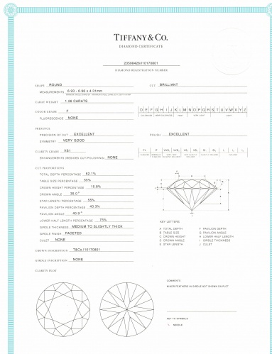 Tiffany & Co. 1.26 Carat Diamond Engagement Ring, GIA F VS1