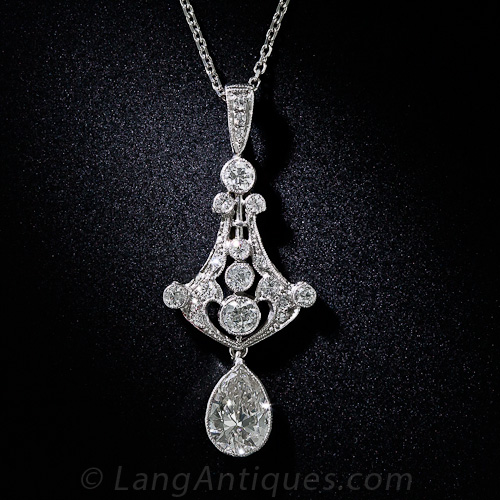 1.00 Carat Pear Shape Diamond Edwardian Diamond Drop Pendant