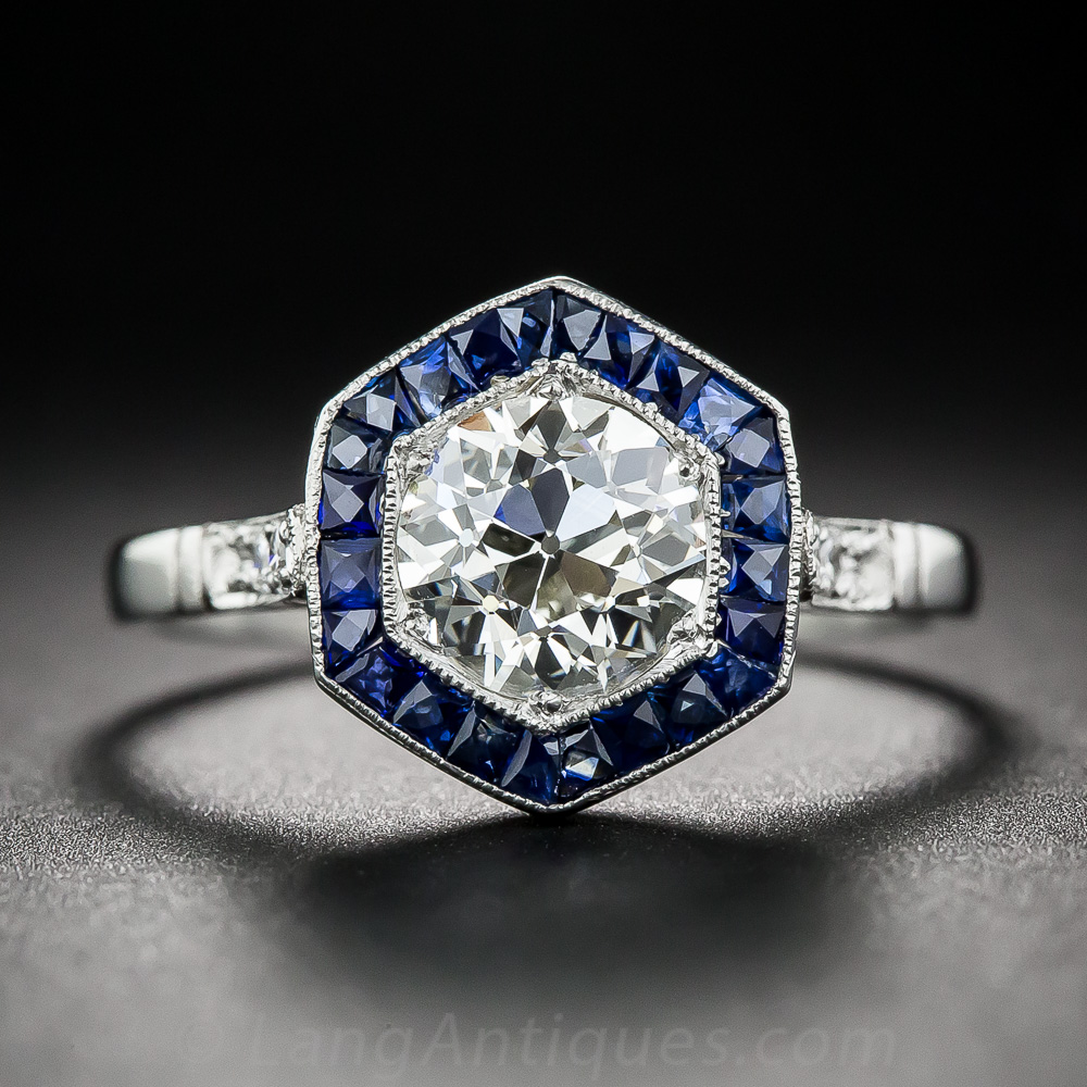 1.15 Carat Art Deco Style Engagement Ring with Calibre Sapphires