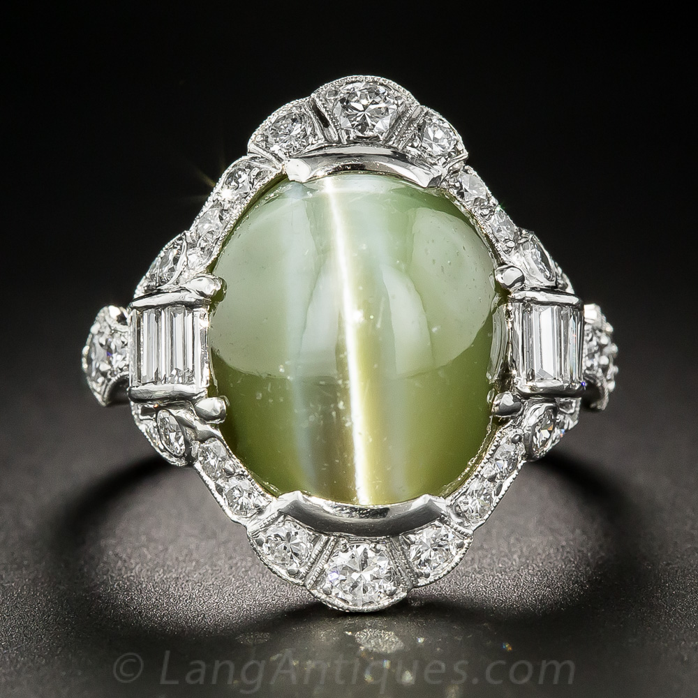 18.50 Carat Chrysoberyl Cat's-Eye Platinum Diamond Art Deco Ring