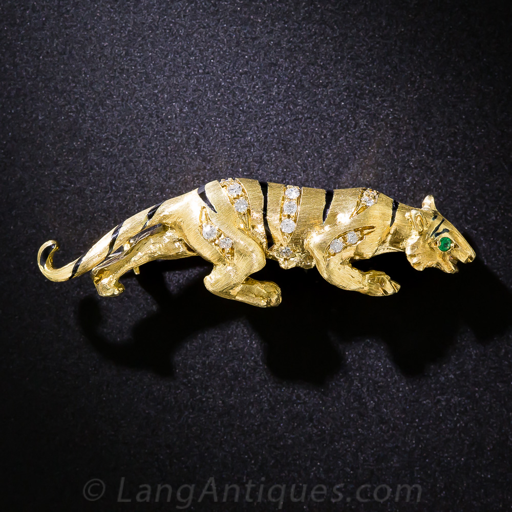 18k Diamond and Enamel Tiger Pin