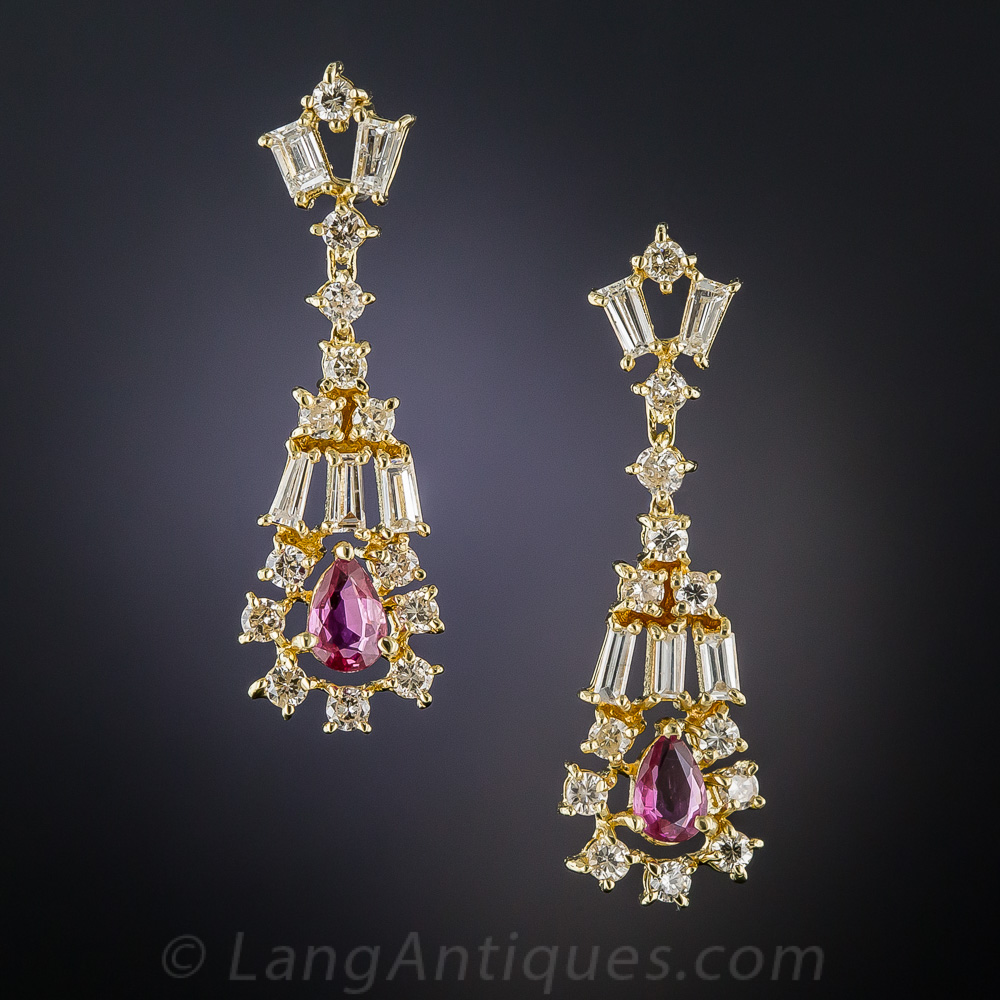 18K Estate Ruby and Diamond Dangle Earrings