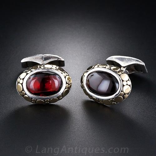 18K Gold and Silver Garnet Cufflinks