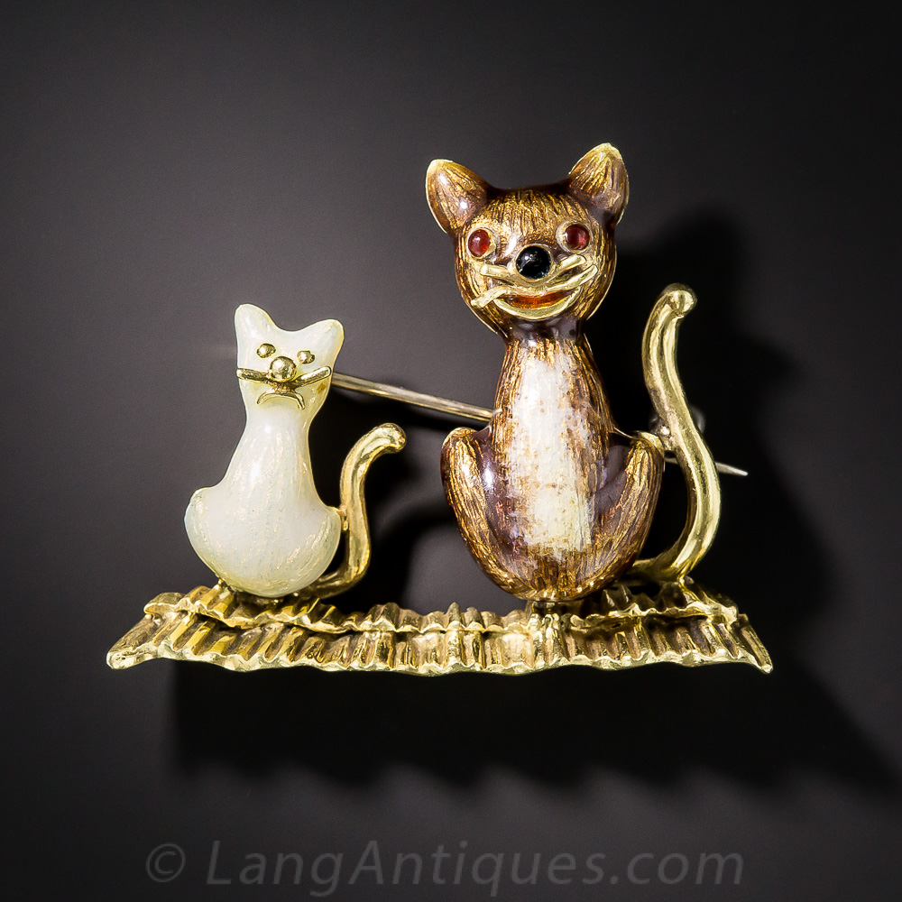 18k Mid Century Enameled Cat and Kitten Brooch