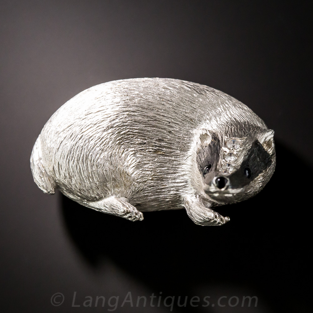 18K White Gold and Enamel English Badger Brooch
