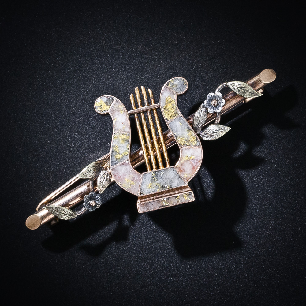 19th Century Gold in Quartz Lyre Pin