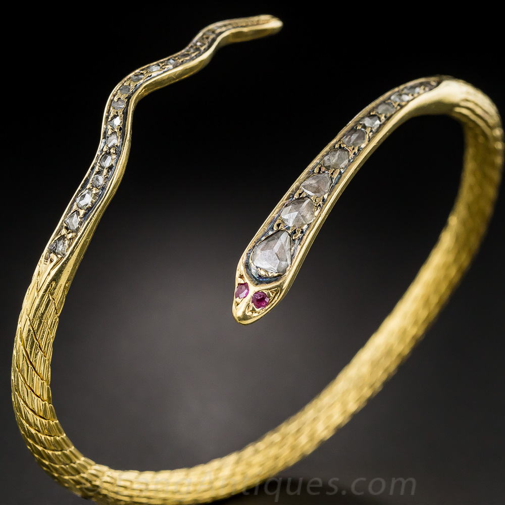 20K Gold Rose-Cut Diamond Snake Bangle