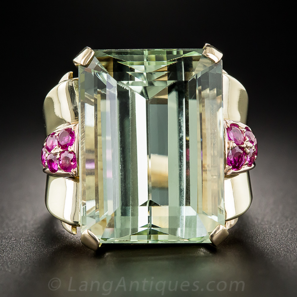 30 Carat Green Beryl/Aquamarine and Ruby Retro Cocktail Ring