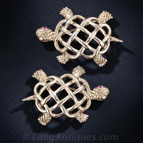 A Pair of Mid Century Woven Turtle Brooches