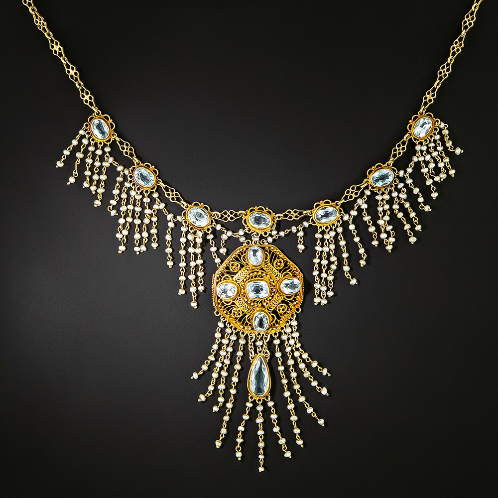Antique Aquamarine and Pearl Fringe Necklace, Circa 1900