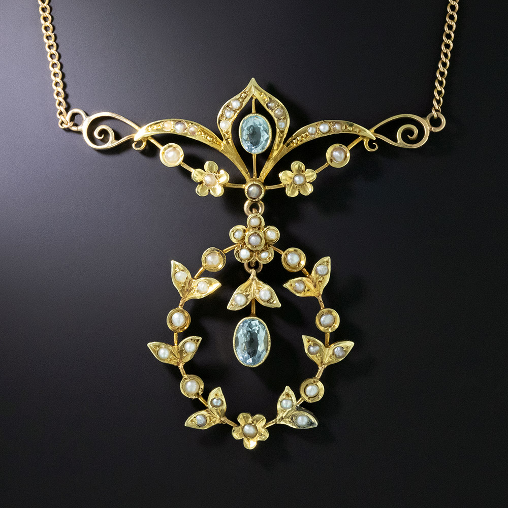 Antique Aquamarine and Pearl Lavaliere