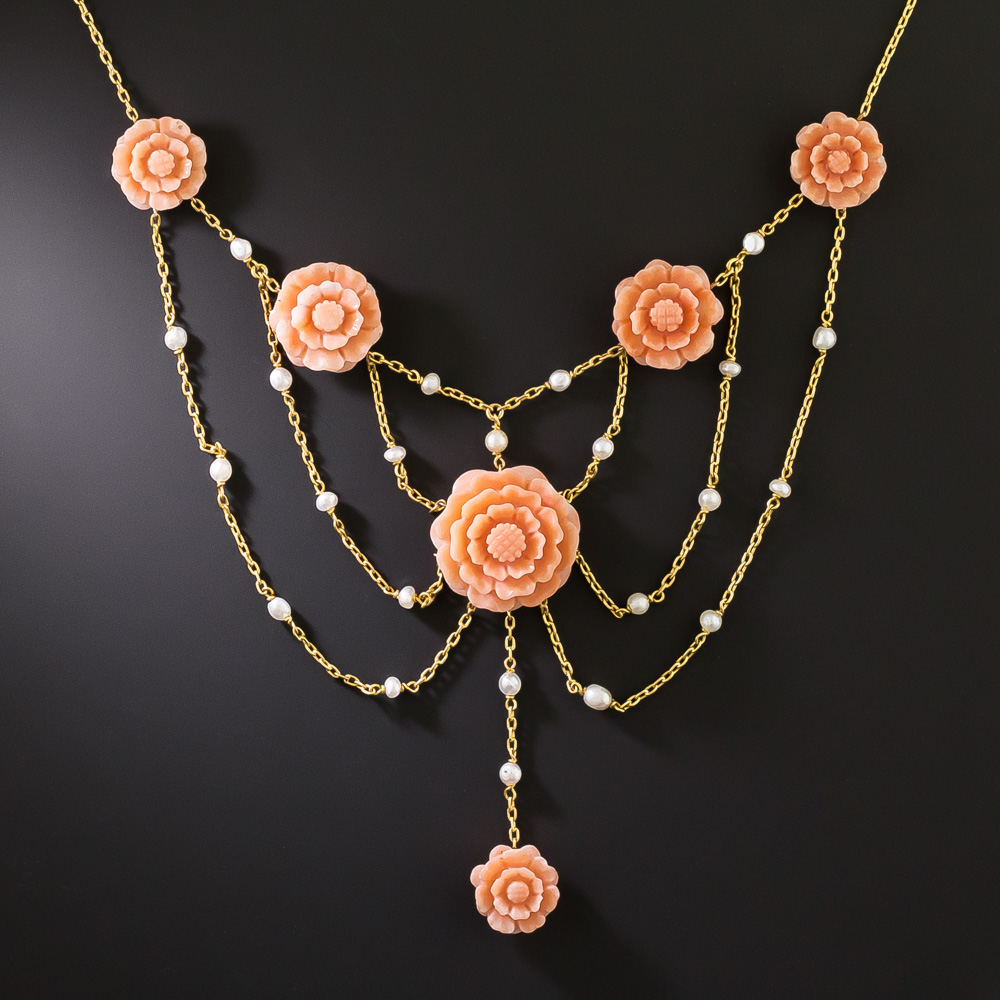 Antique Carved Coral Flower and Seed Pearl Garland Necklace