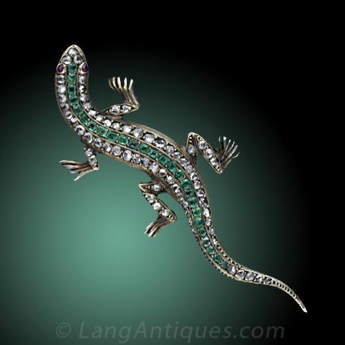 Antique Diamond and Emerald Salamander Pin