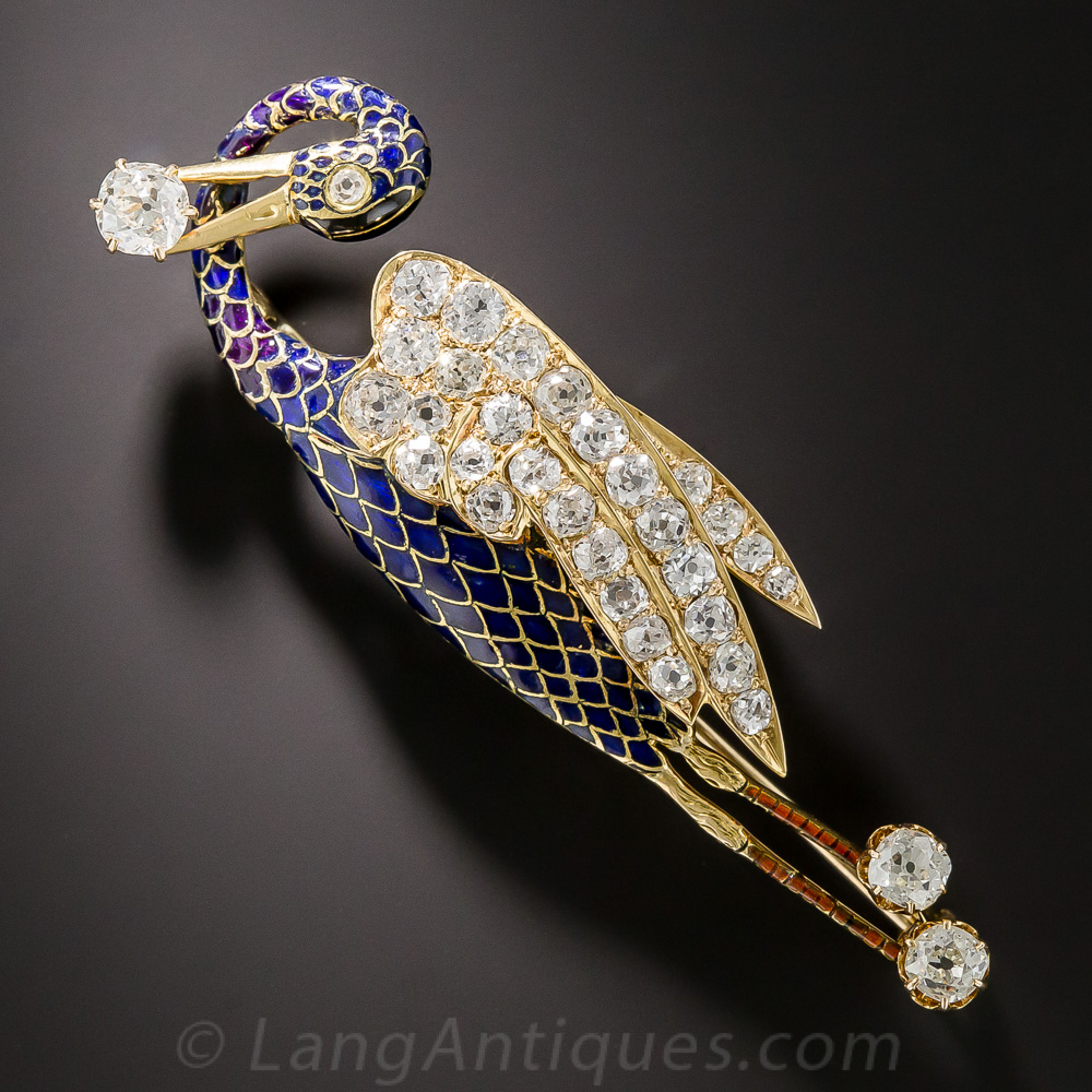 Antique Diamond and Enamel Crane Brooch