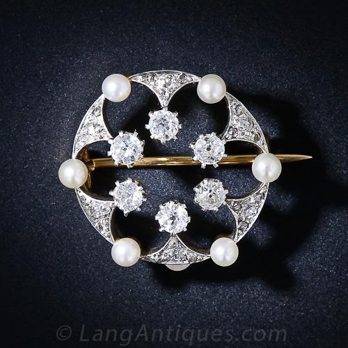 Antique Diamond and Natural Pearl Circle Pin
