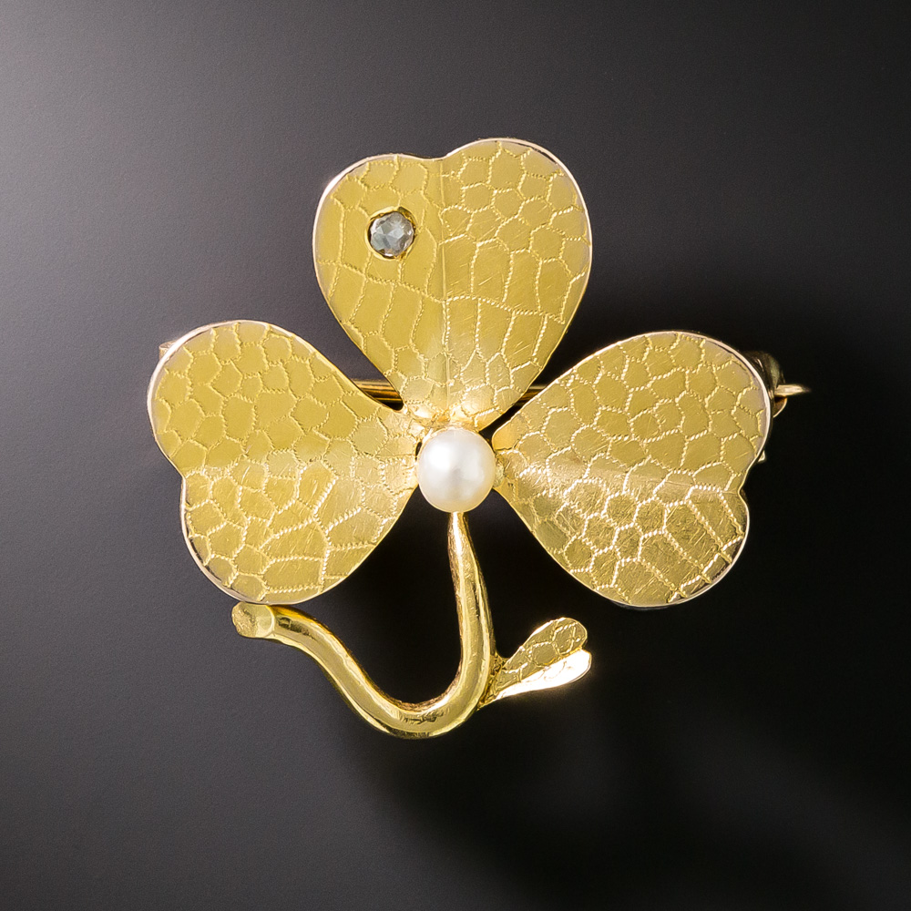 Antique Diamond and Pearl Lucky Shamrock Brooch