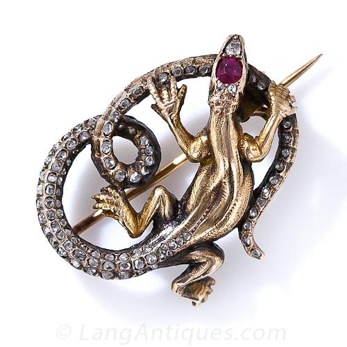 Antique Diamond and Ruby Lizard Pin