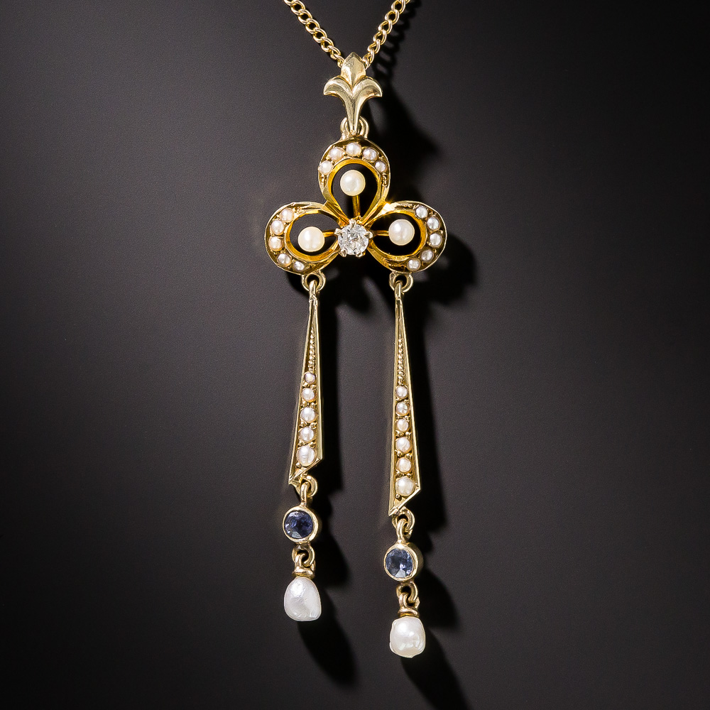 Antique Diamond, Pearl and Sapphire Negligee Necklace