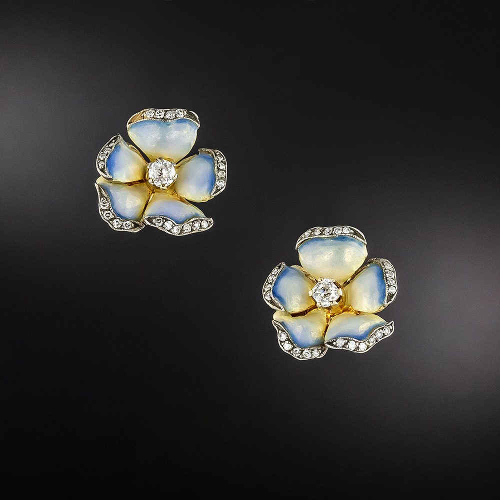 Antique Enamel and Diamond Flower Earrings