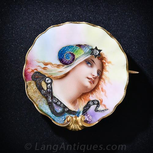 Antique Enamel and Diamond Portrait Pin