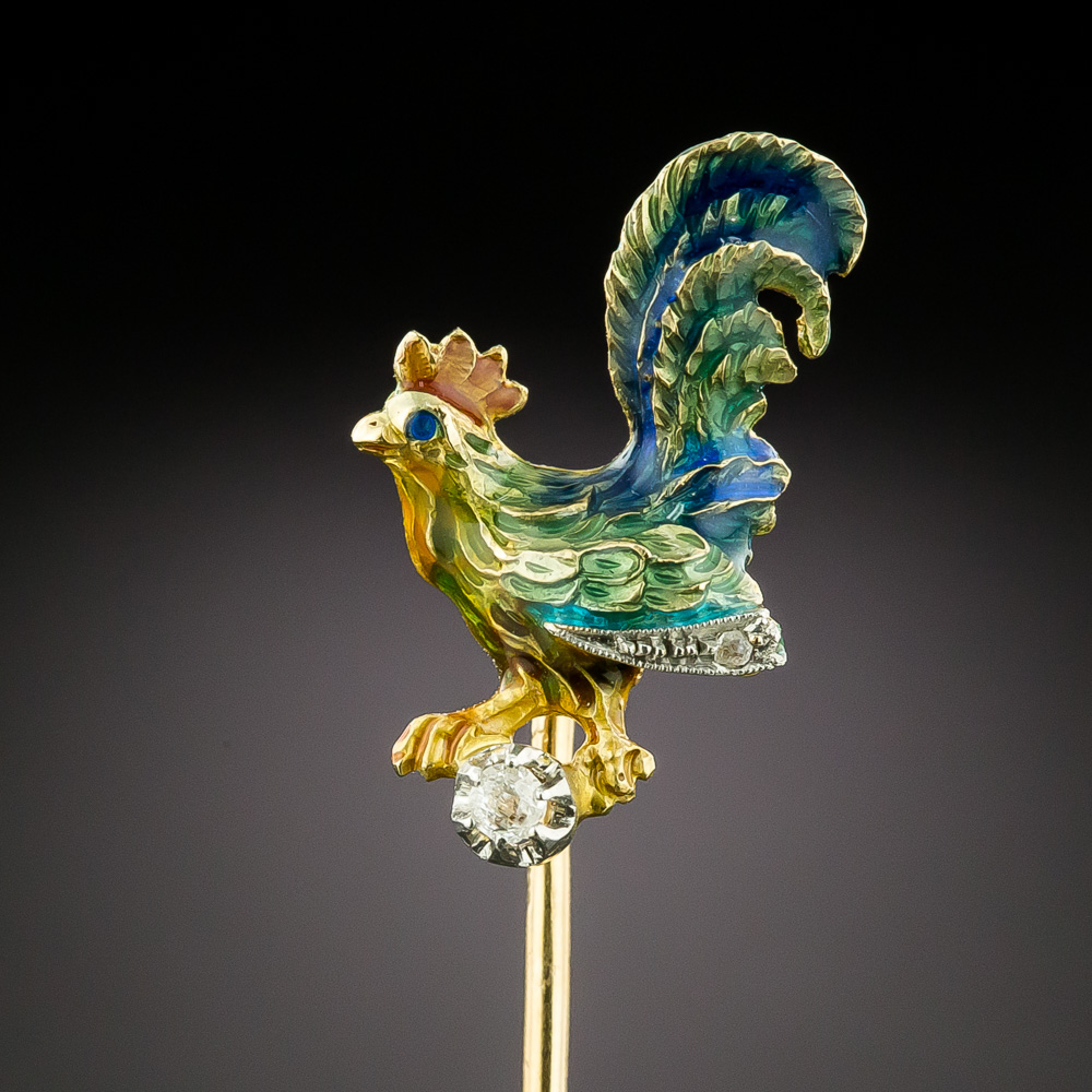 Antique Enamel and Diamond Rooster Stick Pin