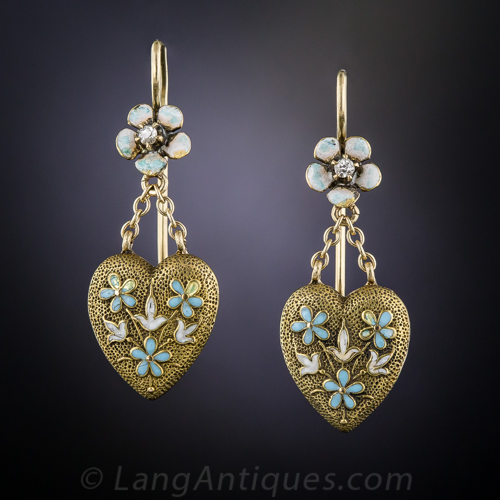 Antique Enamel Heart Drop Earrings