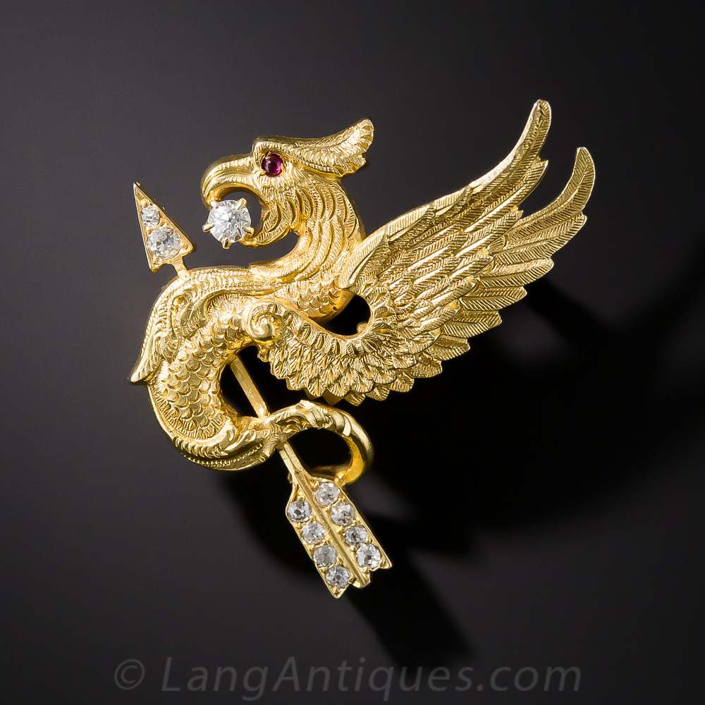 Antique Griffin and Diamond Arrow Pin