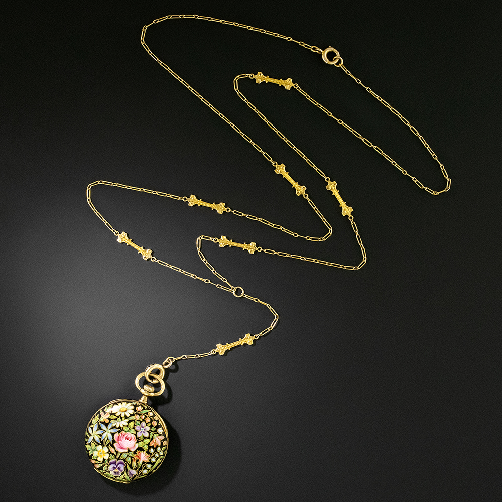 Antique Longines 18K Enamel Pendant Watch Necklace