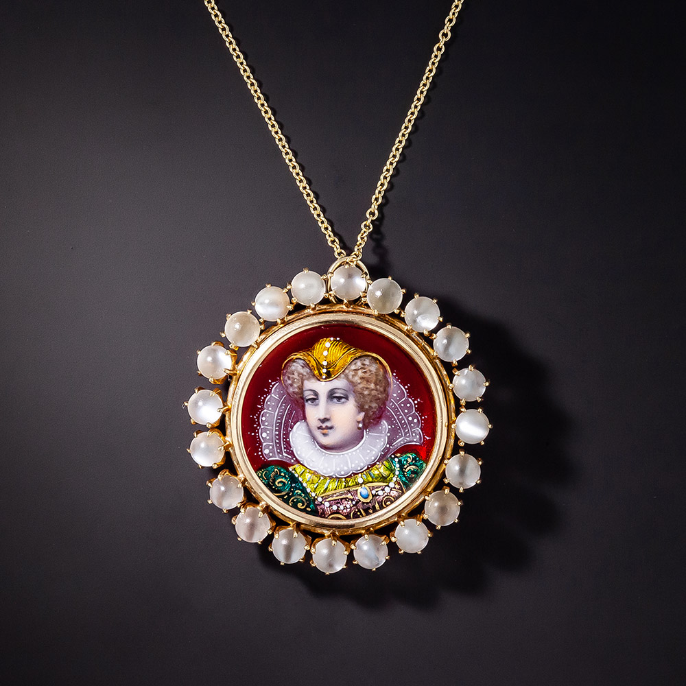 Antique Moonstone and Enamel Portrait Pendant/Brooch
