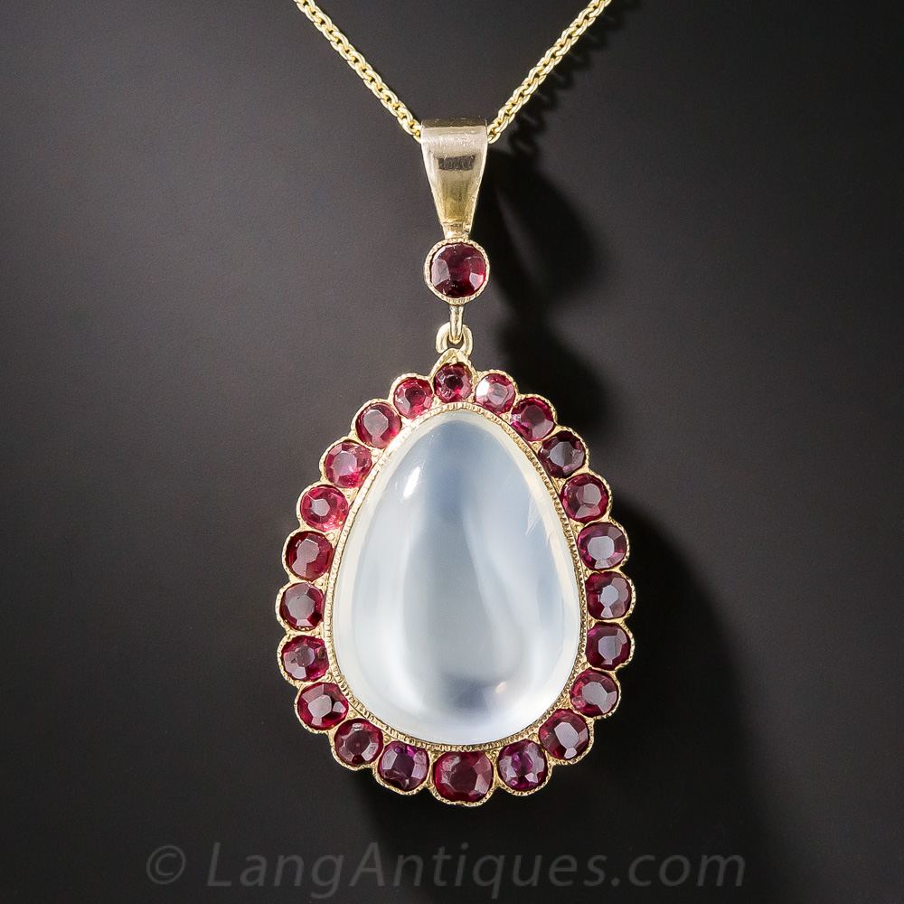 Antique Moonstone and Ruby Drop Pendant