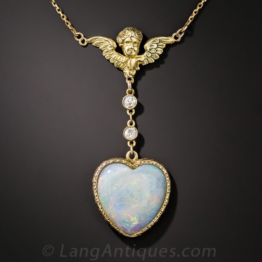 Antique Opal Heart and Angel Necklace