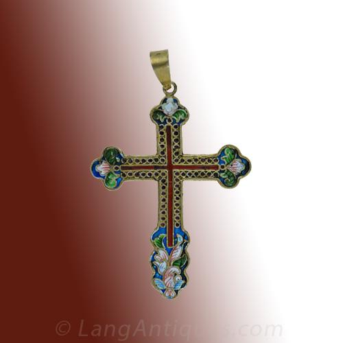 Antique Russian Silver and Enamel Cross