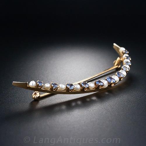 Antique Sapphire and Pearl Crescant Pin