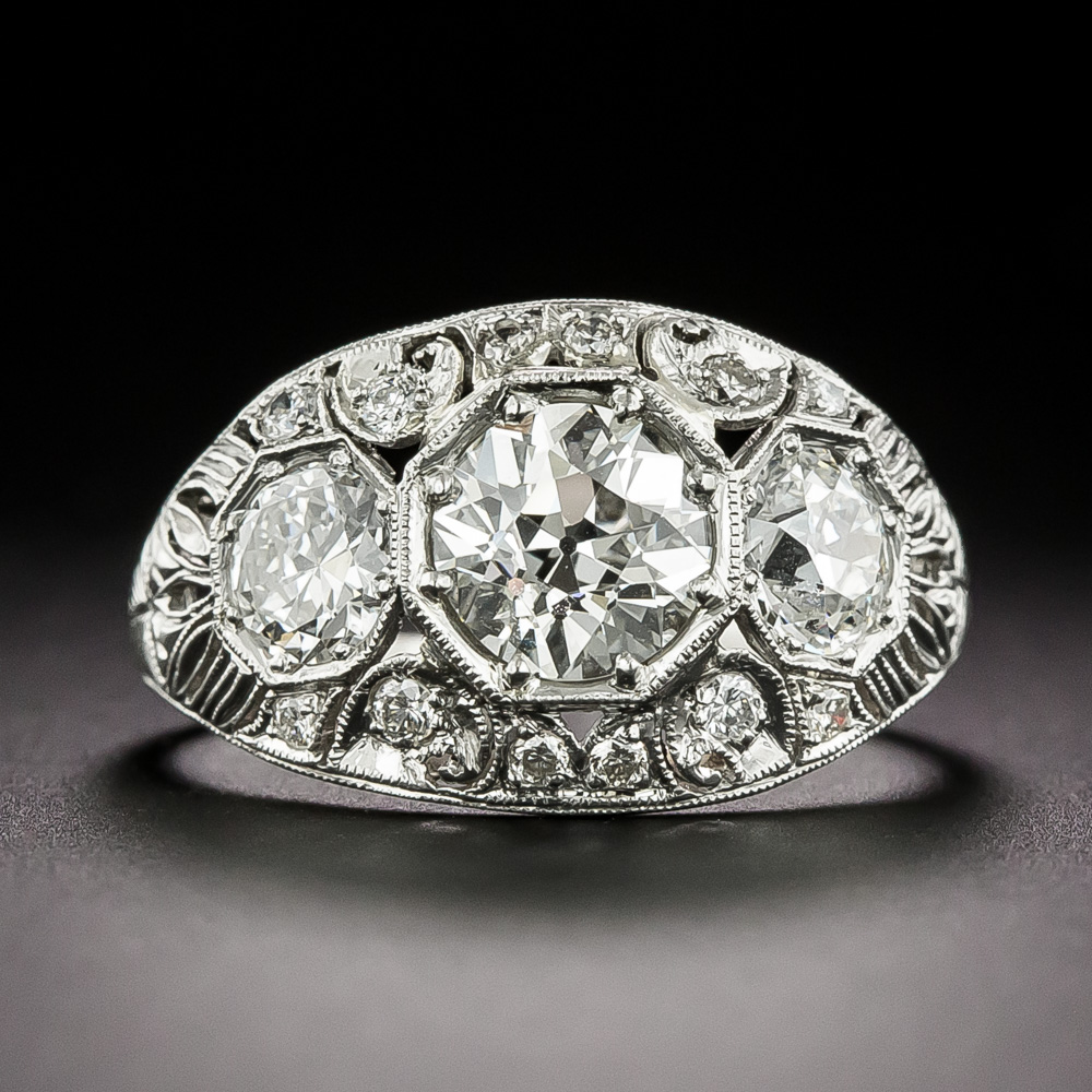 Art Deco 1.10 Carat Diamond Three-Stone Engraved Ring - GIA I VS2