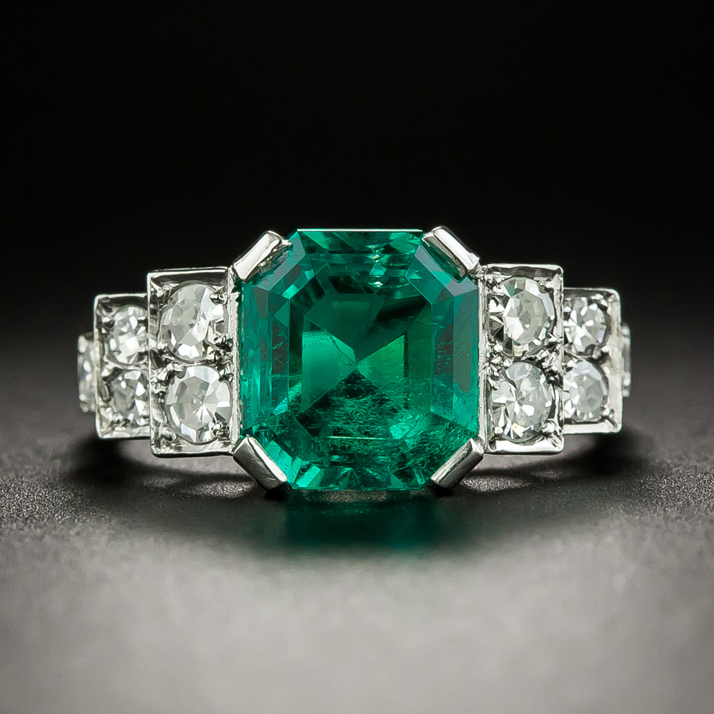Art Deco 2.81 Carat Gemmy Emerald and Diamond Ring - AGL Minor Enhancement