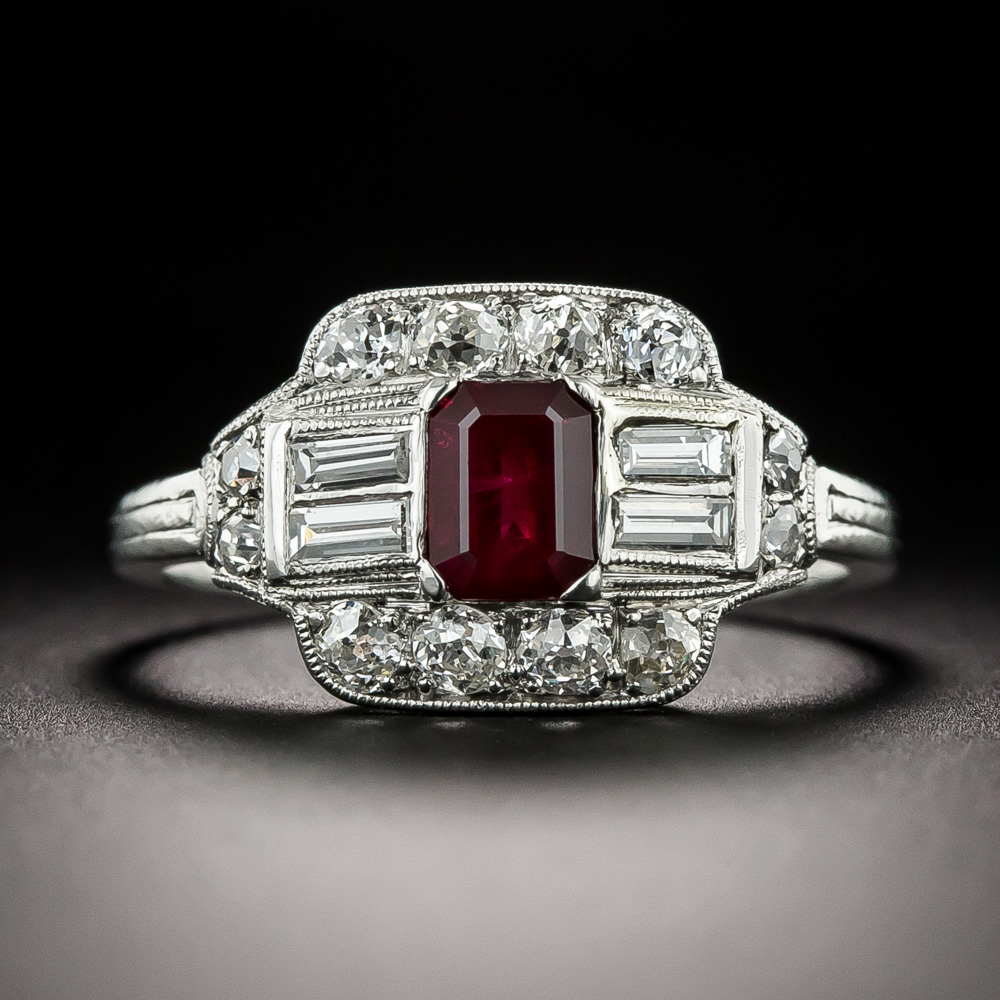 Art Deco .73 Carat Emerald-Cut Ruby and Diamond Ring