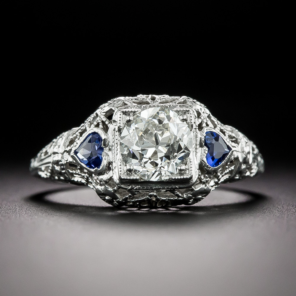 Art Deco .90 Carat Diamond and Sapphire* Hearts Ring - GIA I VS1