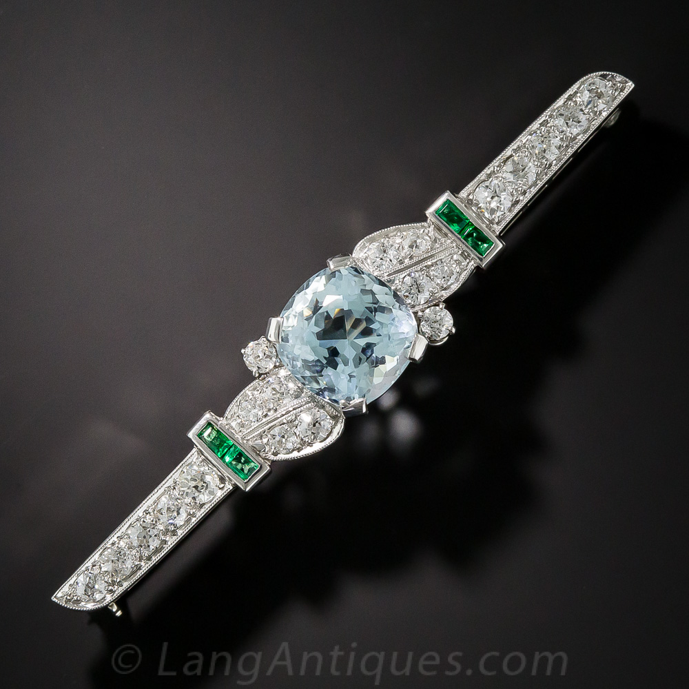 Art Deco Aquamarine, Diamond and Emerald Bar Pin