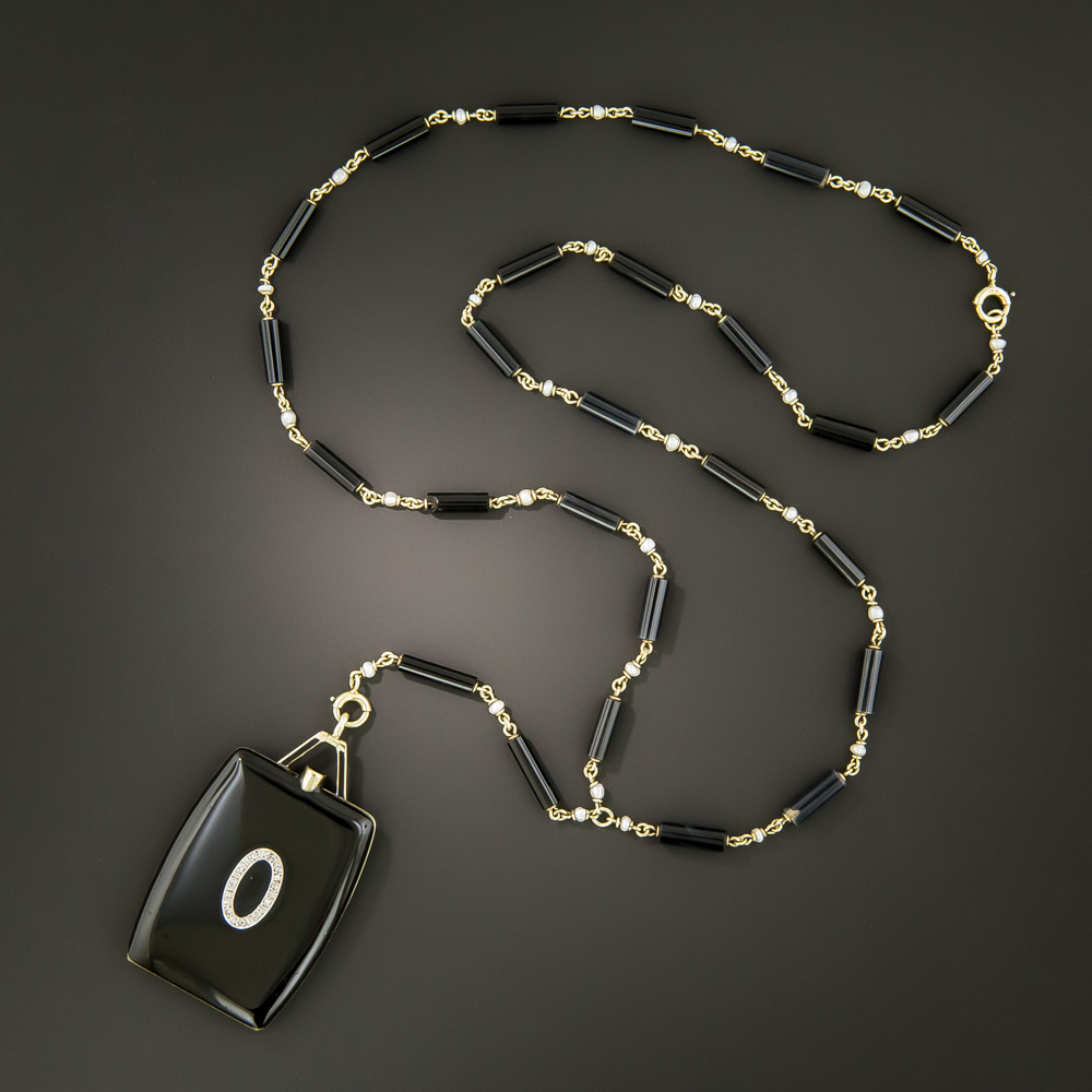 Art Deco Black Enamel and Diamond Locket Necklace by Levitt & Co.