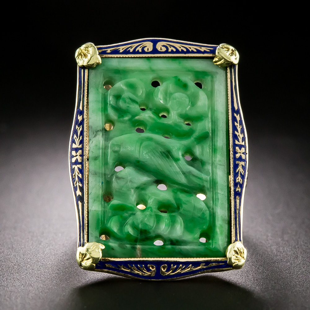 Art Deco Carved Jade And Enamel Ring