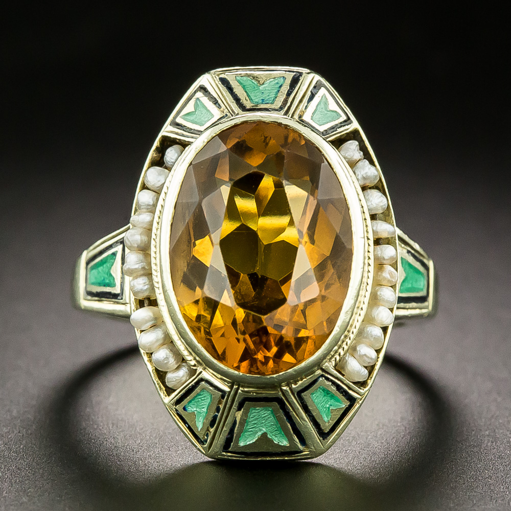 Art Deco Citrine, Pearl and Enamel Ring