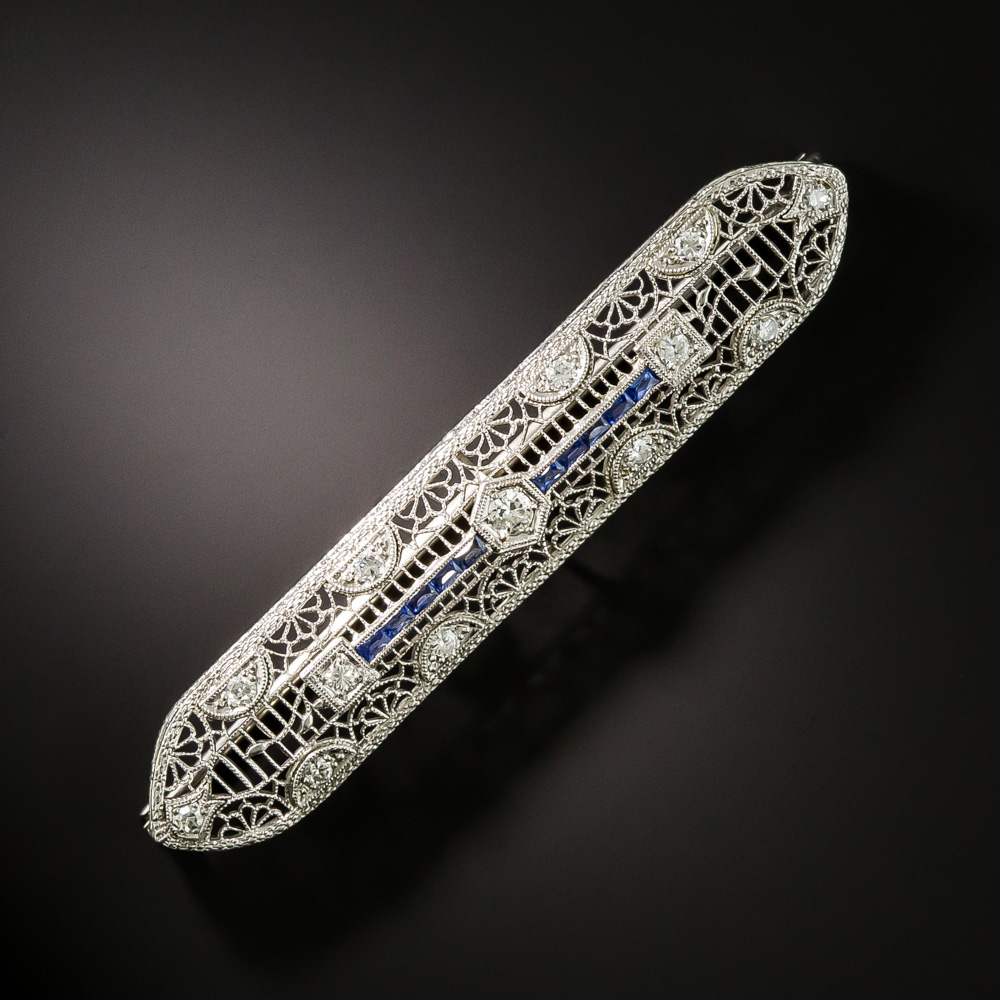 Art Deco Diamond and Calibre Sapphire Filigree Bar Pin