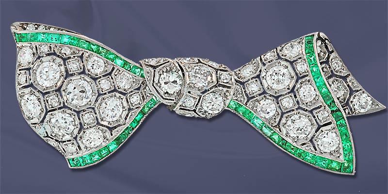 Art Deco Diamond and Emerald Bow Pin