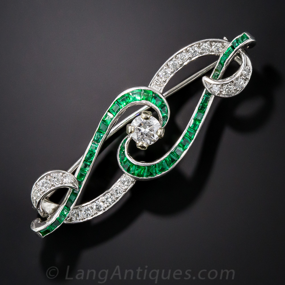 Art Deco Diamond and Emerald Scroll Pin