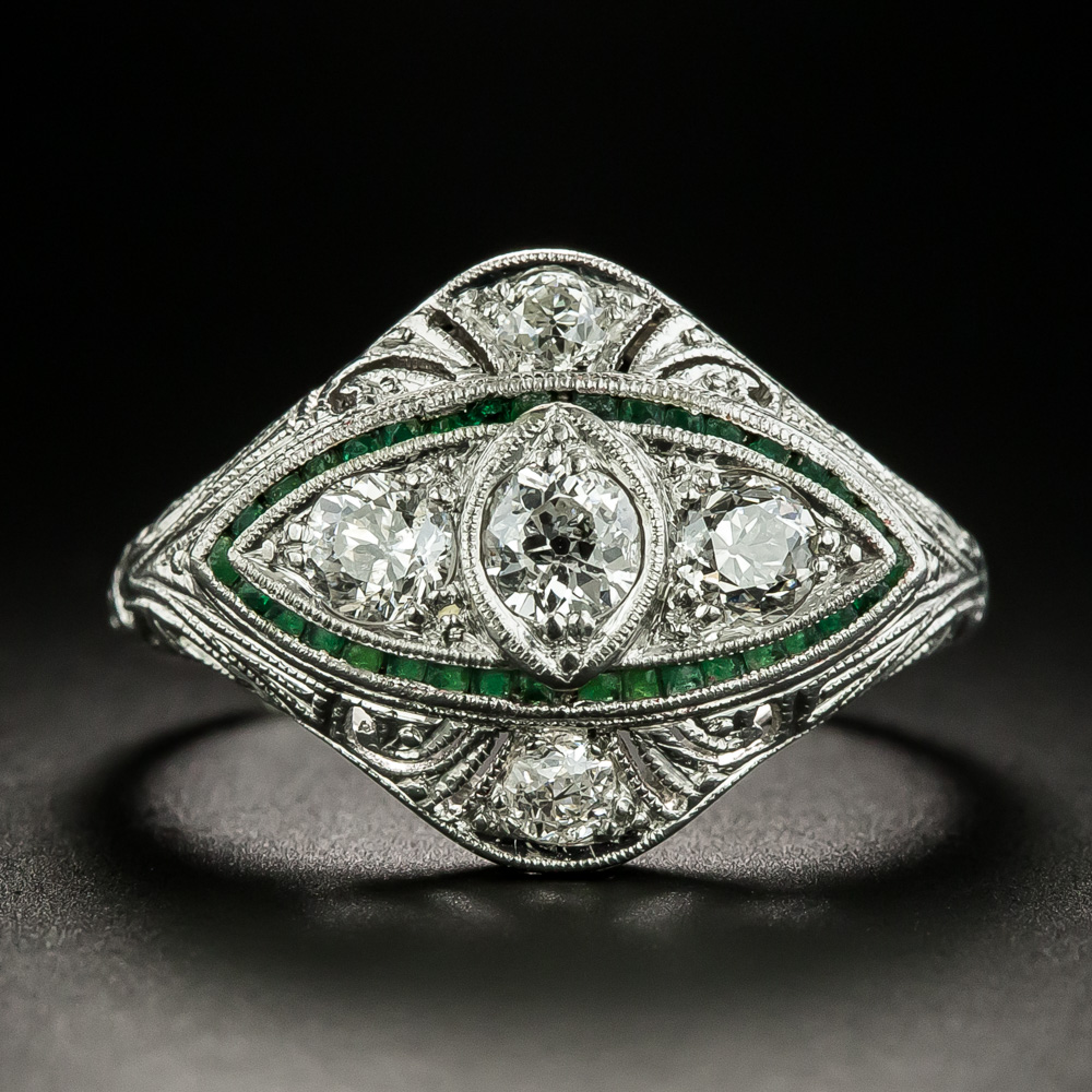 Art Deco Diamond and Green Glass Ring