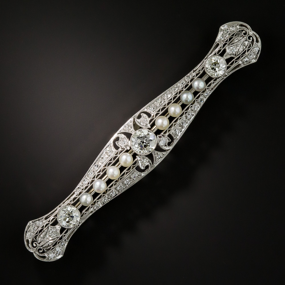 Art Deco Diamond and Natural Pearl Filigree Bar Pin