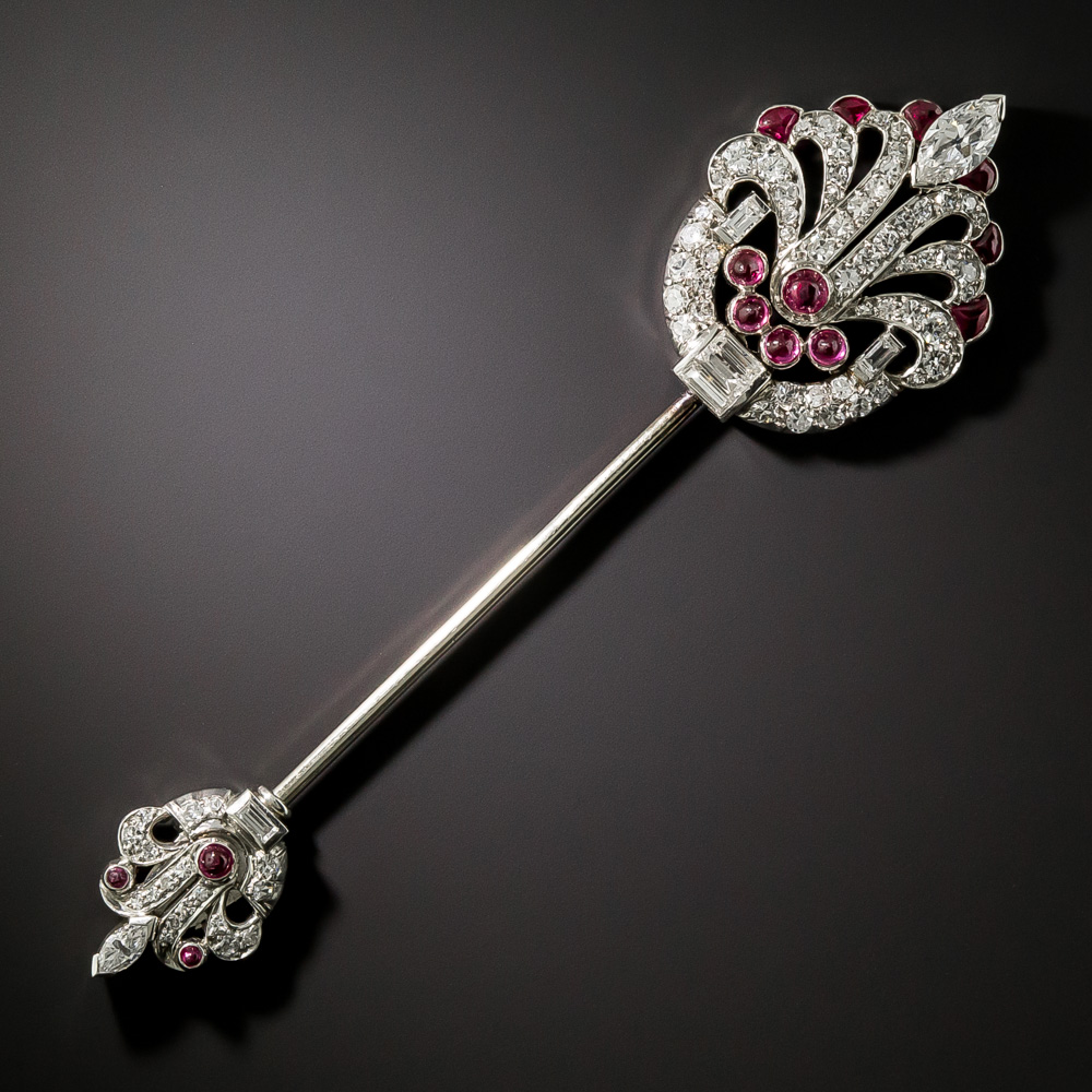 Art Deco Diamond and Ruby Jabot Pin
