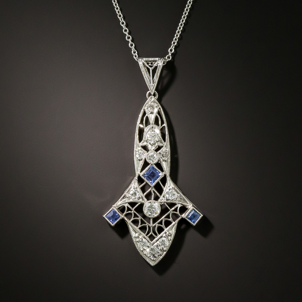 Art Deco Diamond Sapphire Platinum Pendant Necklace