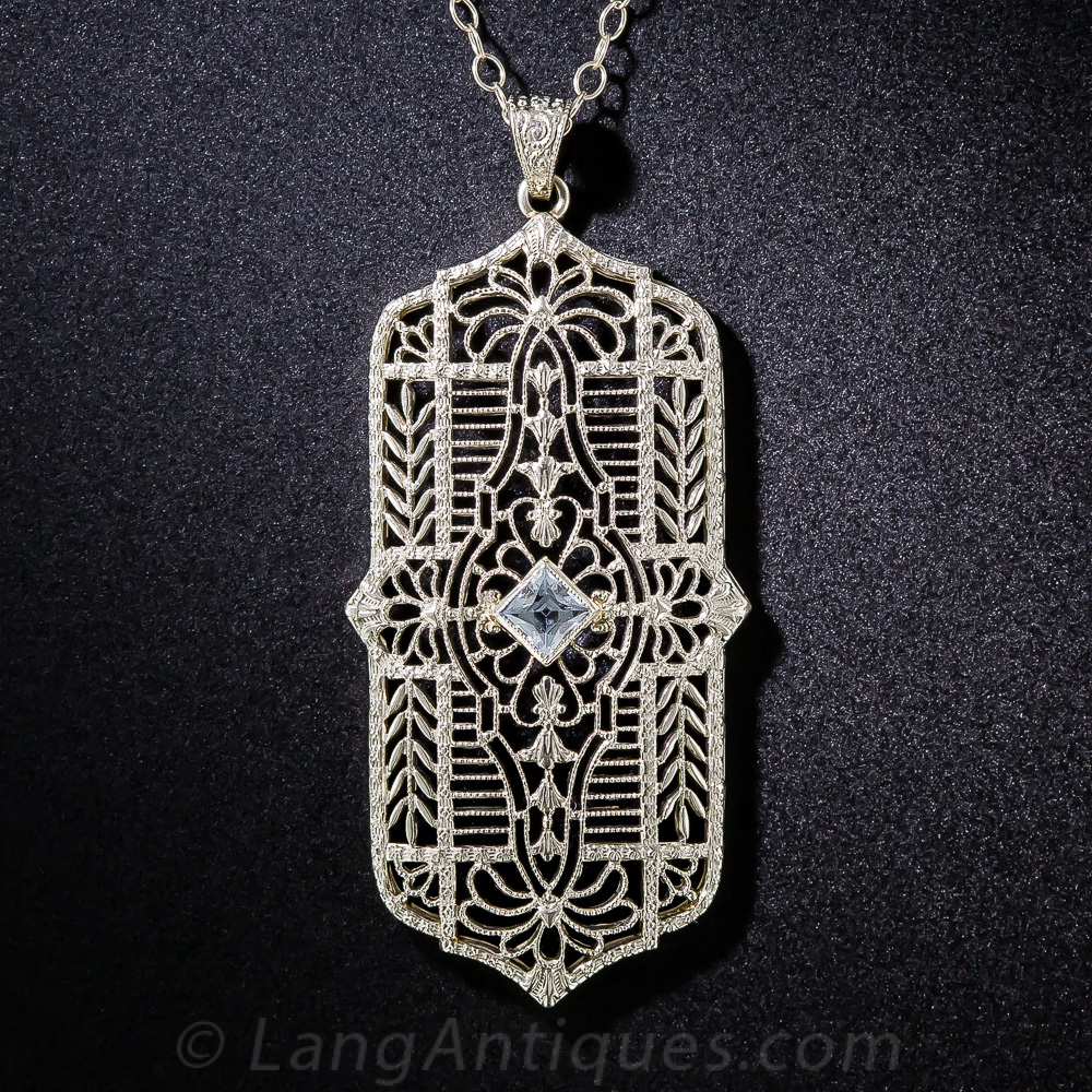 Art Deco Filigree and Aquamarine Pendant