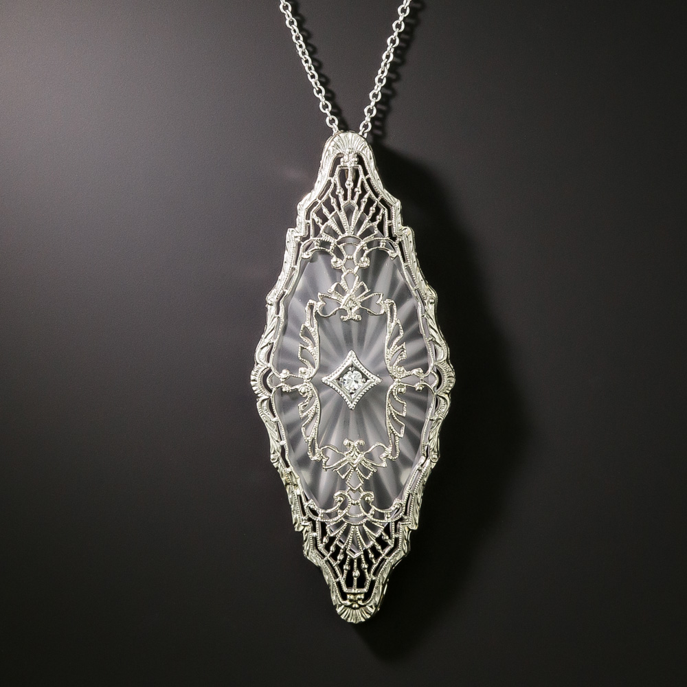 Art Deco Frosted Quartz Crystal and Diamond Pendant